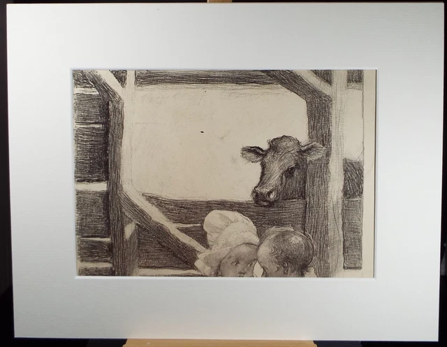 ORIGINAL PENCIL DRAWING, 'Two children and a Cow', Susan Beatrice ...