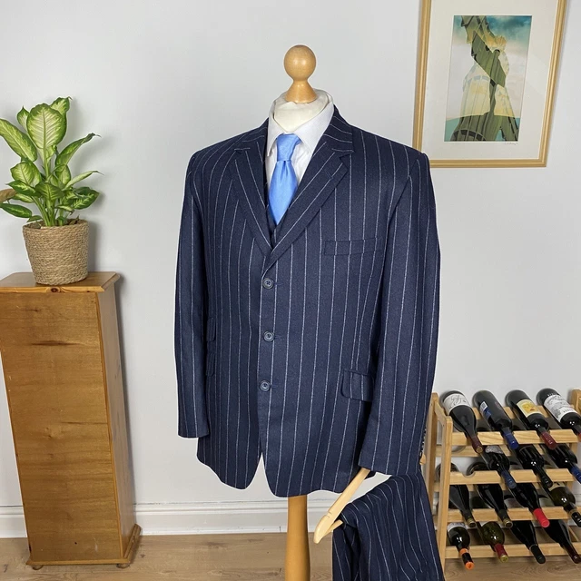 J & J MINNIS of SAVILE ROW Bespoke Chalk Stripe Navy Flannel 3 Piece ...