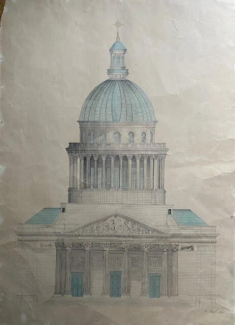 DESSIN AQUARELLÉ XIXÈME daté 1874 Façade Invalides Panthéon Paris ...