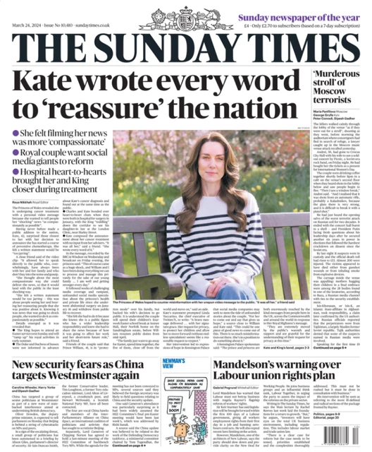 THE SUNDAY TIMES Newspaper 24th March 2024 - Kate Princess Wales Cancer ...