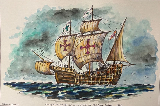 CARAQUE SANTA MARIA navire Christophe Colomb aquarelle 2001 Italie ...