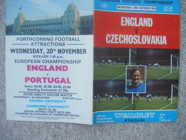 ENGLAND V CZECHOSLOVAKIA Program played at Wembley 30 Oct 1974 ECQ £4. ...