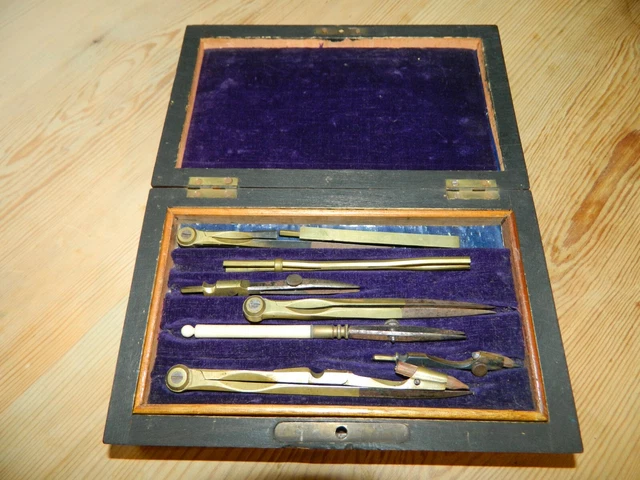 ANTIQUE BRASS & Steel Draftsman Technical Drawing Instruments Set in ...