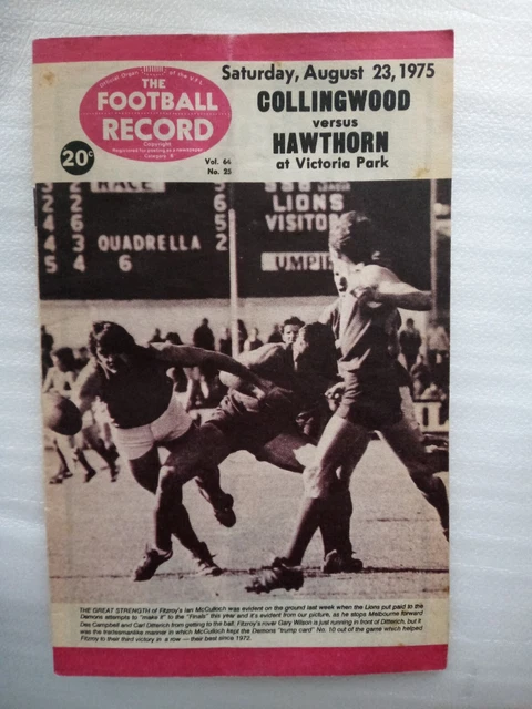 VFL FOOTBALL RECORD August 23, 1975 Collingwood V. Hawthorn At Victoria ...