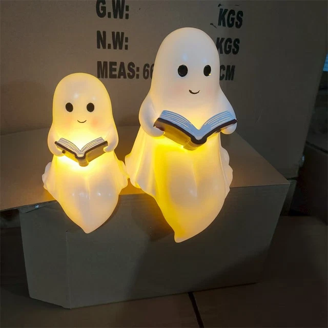 NEW CUTE GHOST Reading Book Lamp Halloween Smile Ghost Statue 3D LED ...