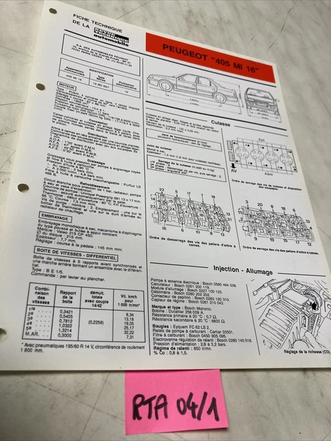 Fiche Technique Peugeot 405 Mi16
