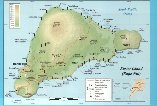 TOPOGRAPHIC MAP OF Easter Island, Rapa Nui, Chile, Moai Statues etc ...