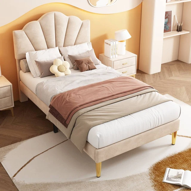 3FT SINGLE BED Frame Upholstered with Shell Design & Golden Legs Beige ...