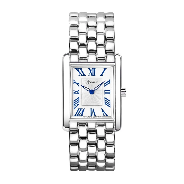 ACCURIST RECTANGLE SILVER With Blue Roman Numerals Watch RRP £189 Model ...