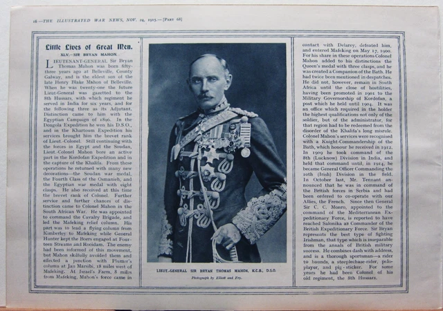 1915 WWI WW1 Imprimé Lieutenant Général Sir Bryan Thomas Mahon EUR 26 ...