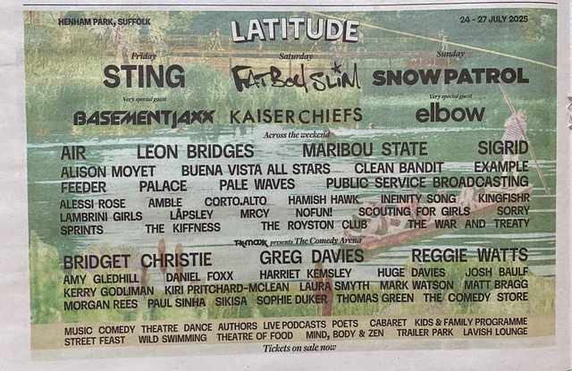 LATITUDE FESTIVAL 2025 Line Up Sting Elbow Snow Patrol News Advert ...