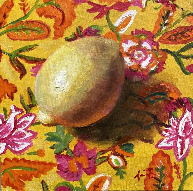 ORIGINAL OIL PAINTING Lemon on patterned cloth, fruit still life, J ...