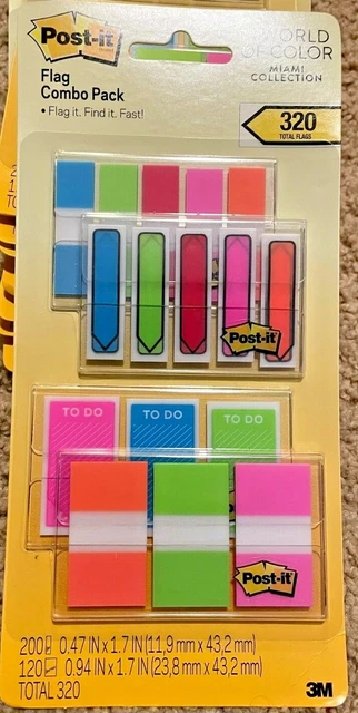 POST-IT FLAGS ASSORTED Color Combo Pack 320 Flags Total To Do Miami ...