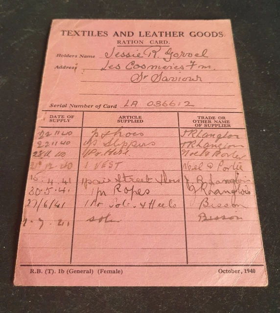 WW2 'GERMAN OCCUPIED' Jersey Civilian Textiles & Leather Ration Card ...