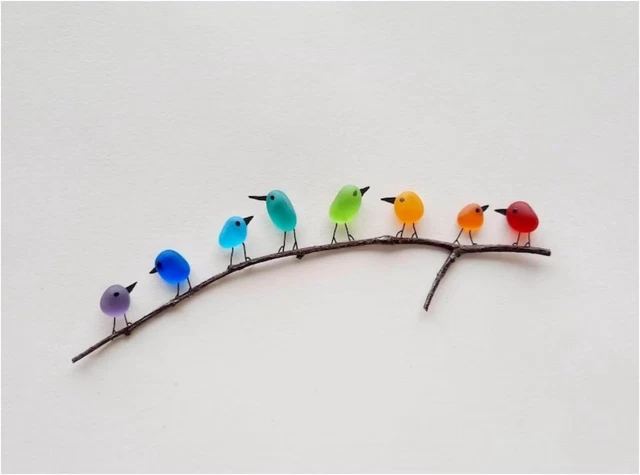 SEA GLASS RAINBOW Birds on Branch Sea Glass Birds Art Wall Decor with ...