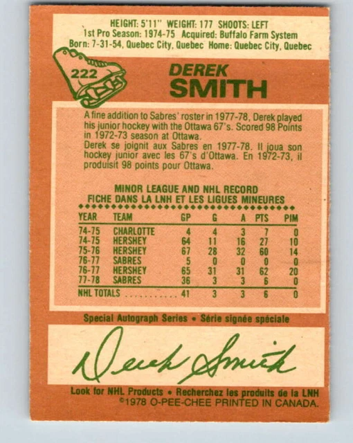 1978-79 O-PEE-CHEE #222 Derek Smith RC Rookie Buffalo Sabres V24013 EUR ...