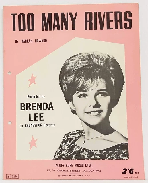 VINTAGE 1965 TOO Many Rivers Sheet Music Brenda Lee Harlan Howard ...