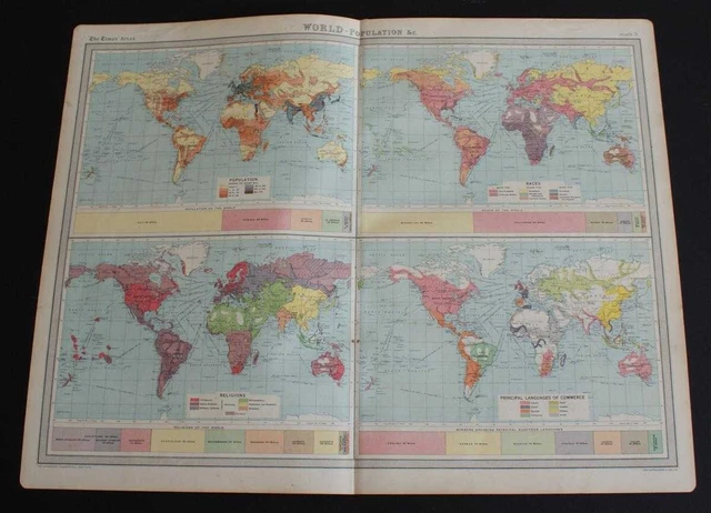 WORLD MAPS SHOWING Population, Races etc, from the 1920 Times Atlas ...
