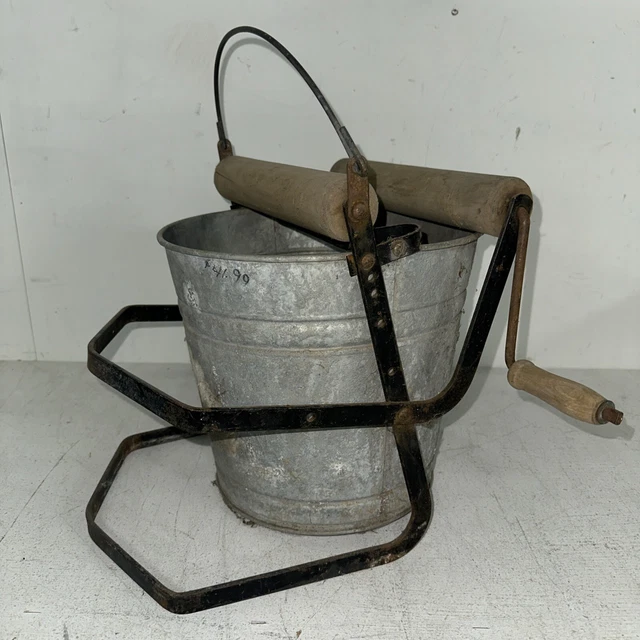 VTG WORKING Wringer Mop Pail Galvanized Bucket w Wooden Rollers ...