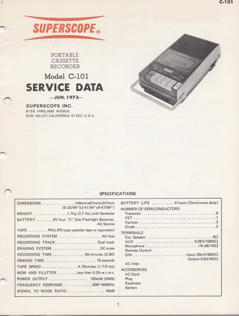 ORIGINAL SERVICE MANUAL Superscope Model C-101 Portable Cassette ...