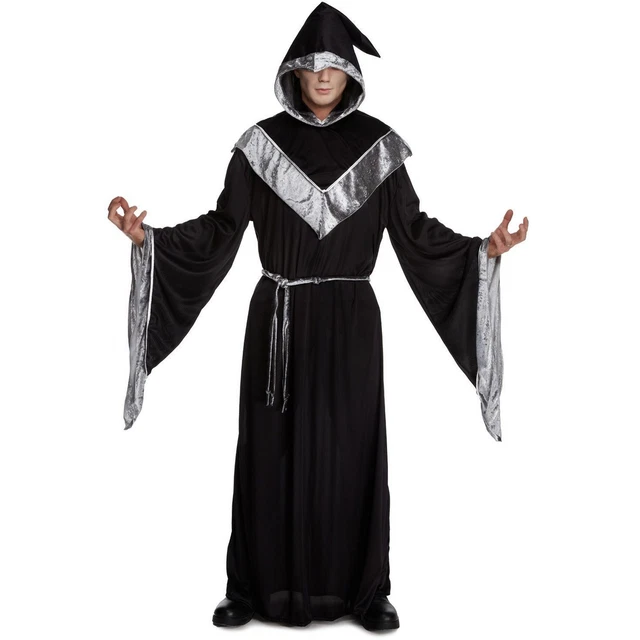 MEN`S BLACK WIZARD Costume M - XXL Adult Merlin Sorcerer Hooded Robe ...