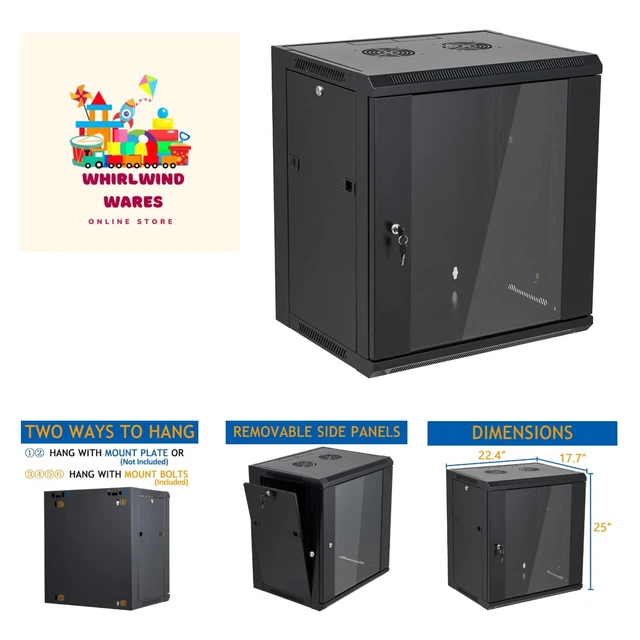 12U WALL MOUNT Server Cabinet Network Rack Enclosure Locking Glass Door ...