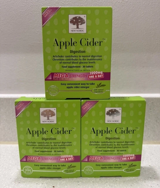 3X NEW NORDIC Apple Cider Mega Strength 1000 mg One A Day 30 Tablets ...