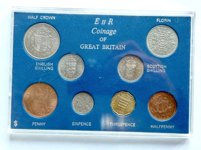 UK/GB 1966 Coin Set. Halfcrown, Florin, One Shilling x2, 6d & 3d, 1d ...