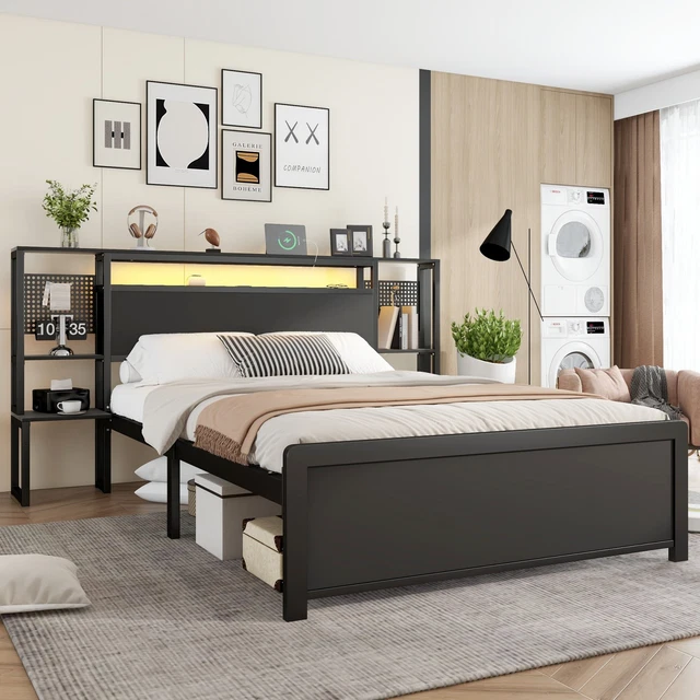 4FT6 DOUBLE METAL Bed Frame w/ LED Strip, Charging, Headboard w ...
