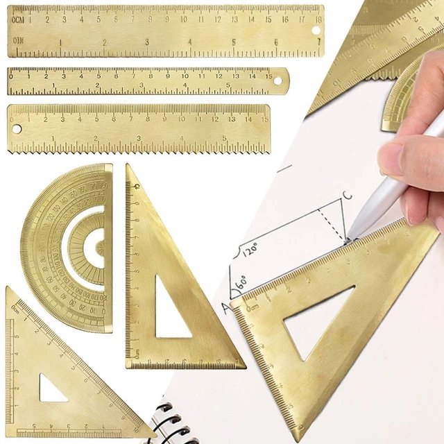 VINTAGE BRASS RULER Triangle Ruler Protractor School Kids Gift Set ...