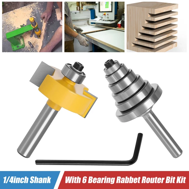 RABBET ROUTER BIT Set 1/4 Shank With 6 Bearings Tenon Cutter Wood ...