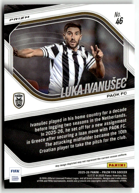 PANINI PRIZM FIFA Soccer 2025-26 Tarjeta 46 Luka Ivanusec Balón Soccer ...