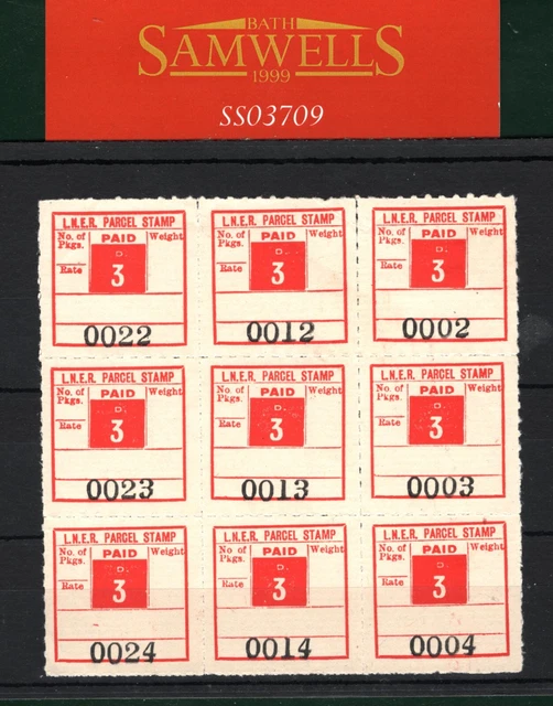 GB LNER RAILWAY Parcel Stamps 3d Red BLOCK OF NINE Mint MNG {samwells ...