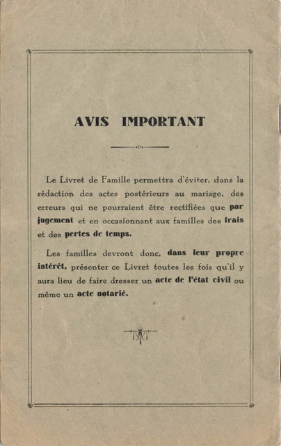 VIEUX PAPIER LIVRET De Famille Ancien Pyrenees Orientales 66 Commune D ...