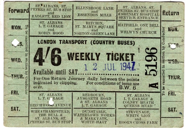 BUS TICKET: LONDON Transport (Country Buses): 4/6 weekly, 1947 code BW6 ...