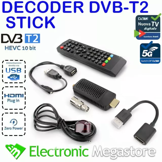 DECODER DIGITALE TERRESTRE Dvb-T2 HD HDMI Hevc H265 10 bit Mini Stick Ricevitore EUR 28,50 ...