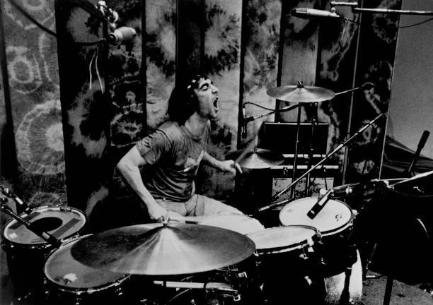 DRUMMER KEITH MOON of the rock and roll band The Who records in th- Old ...