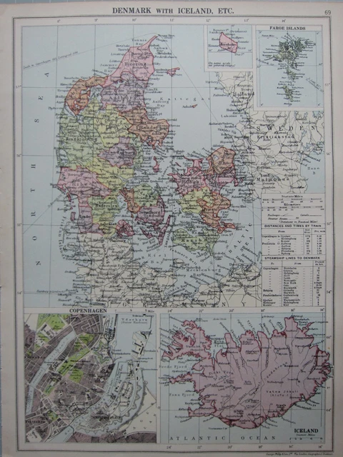 1935 MAP ~ Denmark Iceland Faroe Islands Inset Copenhagen City Plan ...