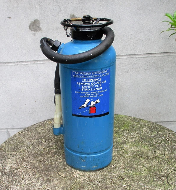 VINTAGE BLUE FIRE Extinguisher with Brass Gallery Top. Prop. Lamp ...