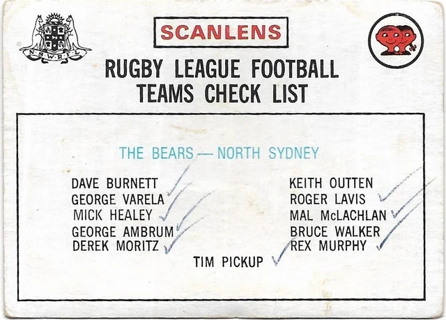 1975 NRL RUGBY League Scanlens CHECKLIST Norths EUR 3,67 - PicClick FR