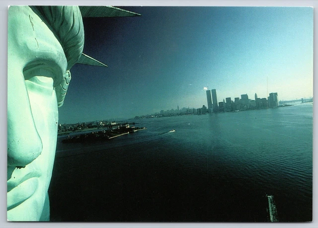 TWIN TOWERS & Statue of Liberty Postcard Sun Shines on Liberty New York ...