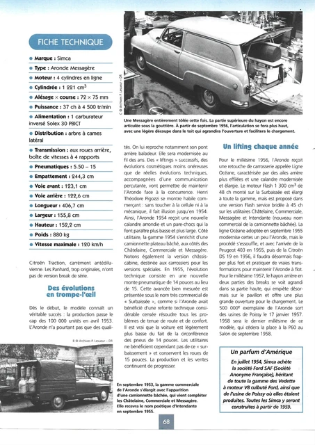 FICHE & SIMCA ARONDE MESSAGERE & UTILITAIRES & Année 1952/1955 EUR 2,25 ...