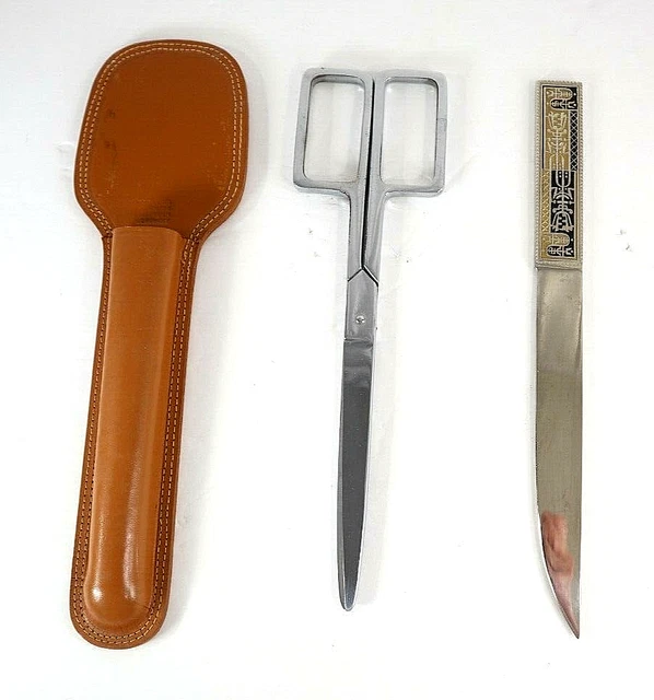 VINTAGE SOLINGEN GERMANY Scissor/Letter Opener/Ruler Set With Leather ...