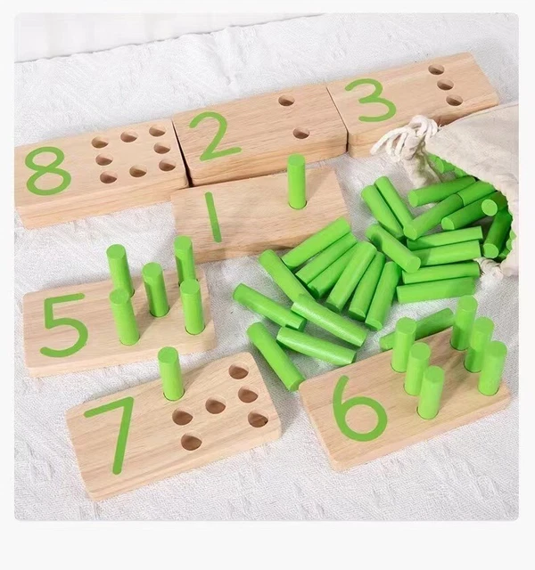 MONTESSORI GREEN CYLINDERS Wooden Preschool Educational Number Counting ...