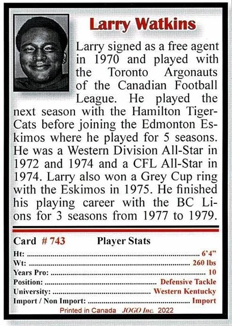 2022 JOGO CFL Alumni #743 Larry Watkins Edmonton Eskimos - 125 Sets Made $4.00 - PicClick CA