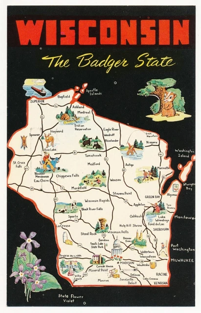 VINTAGE MAP POSTCARD from Wisconsin "The Badger State" $5.99 - PicClick