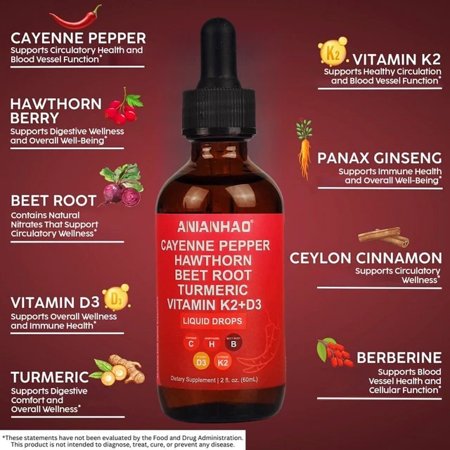CAYENNE PEPPER HAWTHORN Beet Root Turmeric Vitamin K2+D3 Liquid Drops 60ML £10.95 - PicClick UK