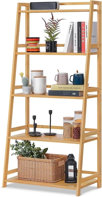 BAMBOO LADDER BOOKSHELF 5-Tier Ladder Shelf Floor Freestanding Display ...