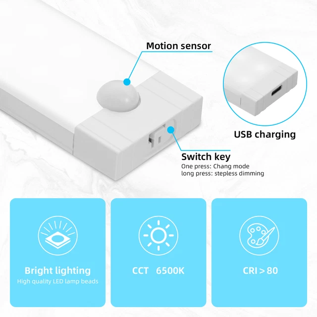 STRIP LIGHT LED PIR Motion Sensor USB Rechargeable Magnetic Cabinet ...