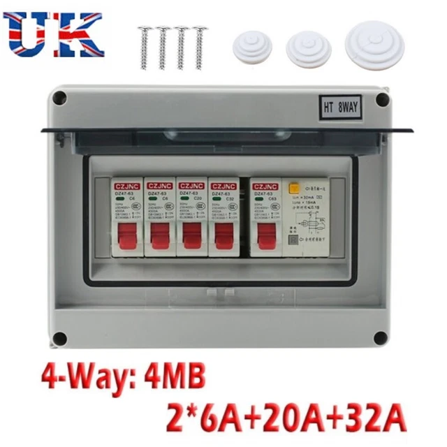 4 WAY CONSUMER Unit fuse box 4 MCB Circuit Breakers Isolator Shed ...
